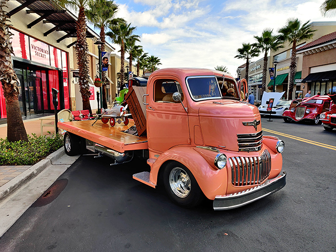 This vintage coral truck isn't just transportation&mdash;it's a rolling time capsule bringing classic Americana to the palm-lined avenues of modern retail.