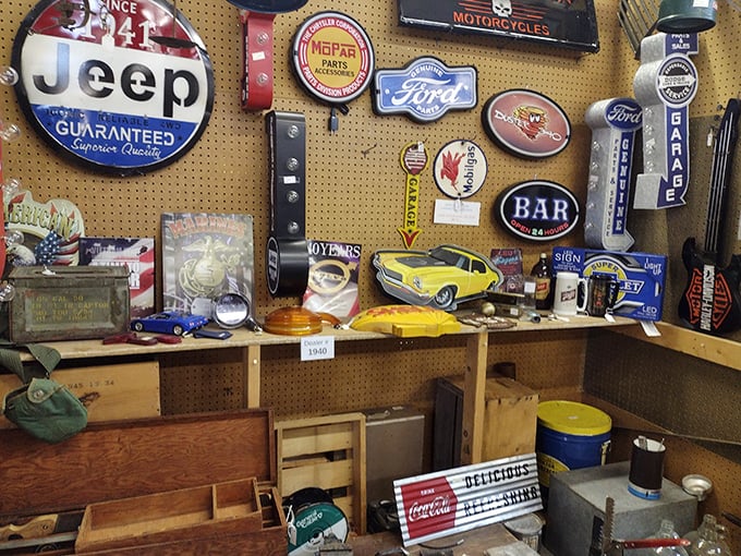 Automotive enthusiasts, rejoice! This pegboard gallery of vintage signs celebrates America's love affair with cars, from Jeep to Ford to the corner garage.