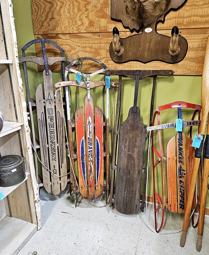 Vintage wooden sleds that remember when winter fun didn't require batteries or Wi-Fi connections.