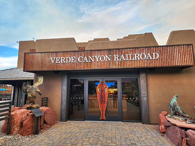 The welcoming entrance to the Verde Canyon Railroad depot, where eagle sculptures hint at the wildlife you might spot during your journey.