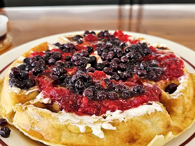 Berry-topped waffles that blur the line between breakfast and dessert, proving that sometimes the most important meal of the day deserves a little celebration.