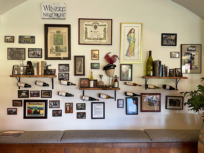 Wall of wine history that tells stories better than most Netflix documentaries. Each frame and bottle a chapter in Oregon's viticultural journey. 