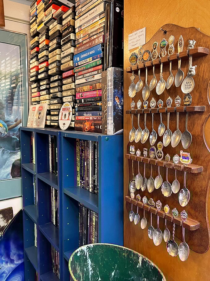 The spoon collection that would make your souvenir-collecting aunt weep with joy, alongside enough VHS tapes to relive the entire 1980s.