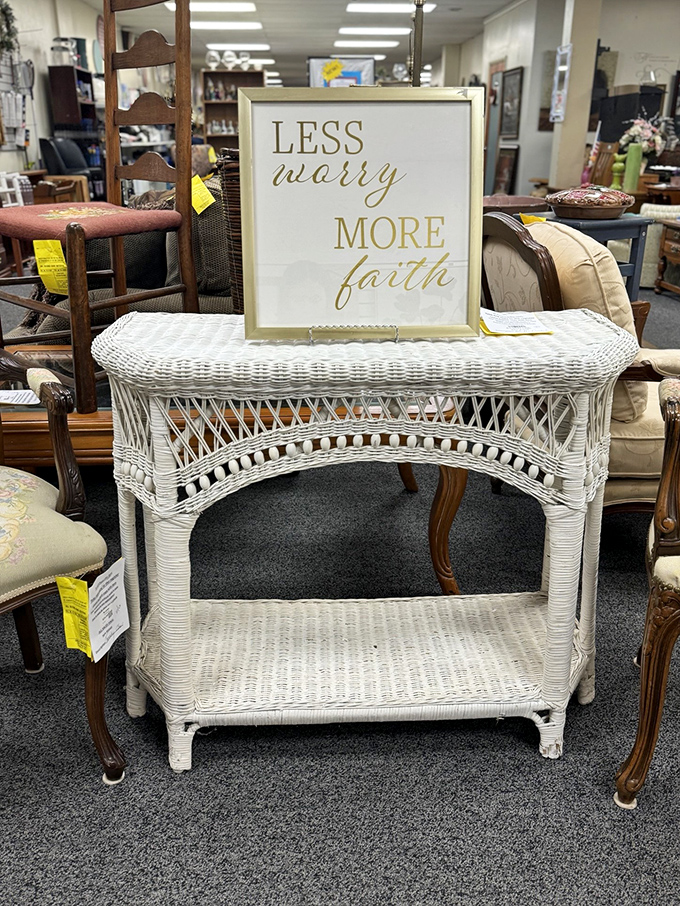 "Less worry, more faith" indeed&mdash;especially when you score a pristine white wicker table that looks straight out of a coastal design magazine.