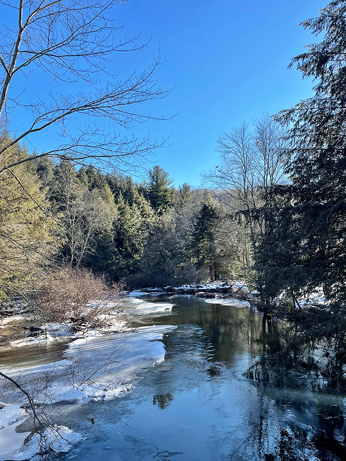 Winter transforms Nescopeck into a crystalline wonderland. The creek's partially frozen surface captures the sky like nature's own mirror.