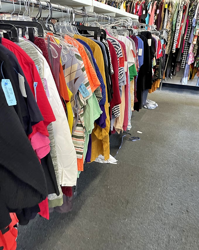 The rainbow road of retail therapy&mdash;racks of colorful clothing where yesterday's fashion statements become tomorrow's vintage finds.