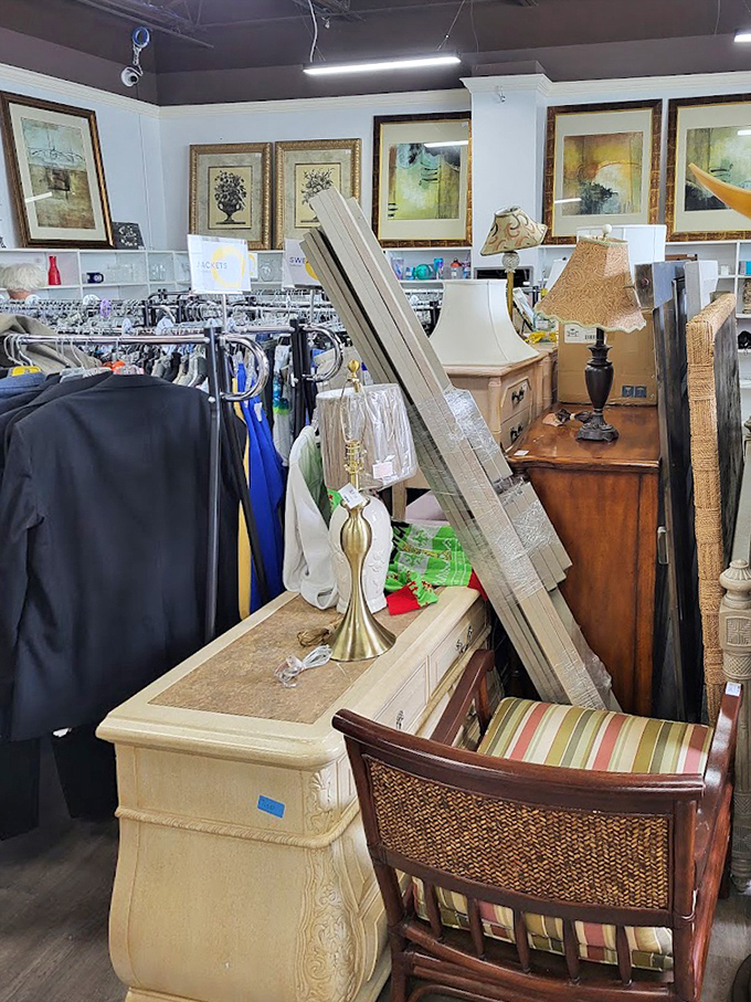 The thrill of the hunt captured perfectly&mdash;furniture, lamps, and clothing creating that delightful jumble only true thrifters understand.