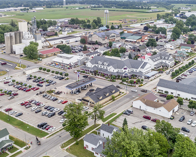 From above, Shipshewana reveals itself as a perfectly preserved piece of Americana surrounded by working farmland that feeds communities.