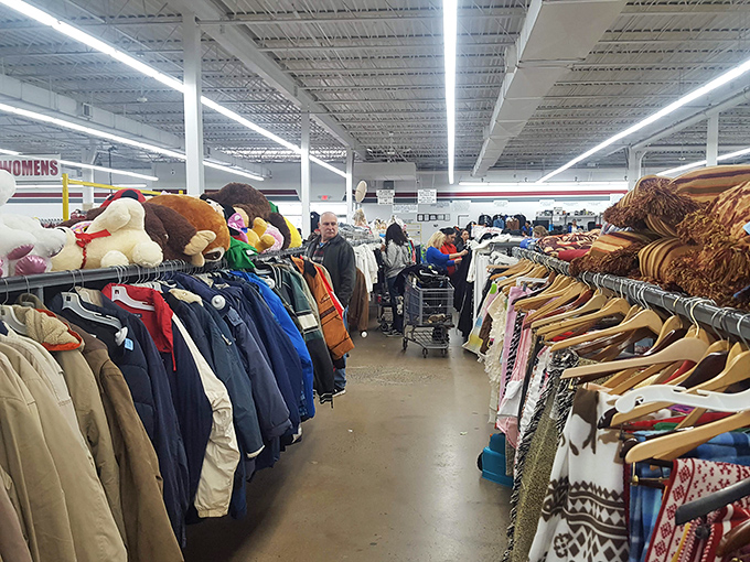 Winter coats and stuffed animals create the perfect thrift store tableau. That teddy bear has seen things, but he's ready for a new home.