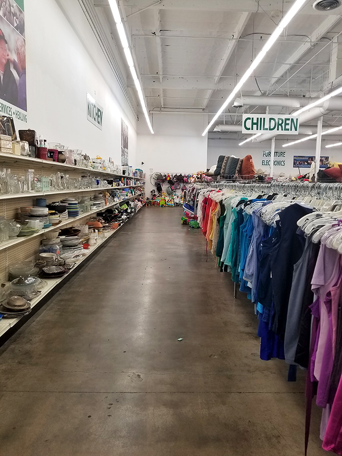 Department store precision meets thrift store prices. The orderly aisles create a treasure map where X marks the spot of your next great find.