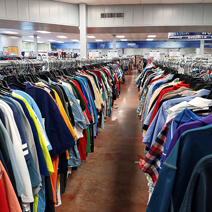 The men's clothing section stretches into the horizon like a rainbow of possibilities &ndash; each shirt with its own mysterious backstory.