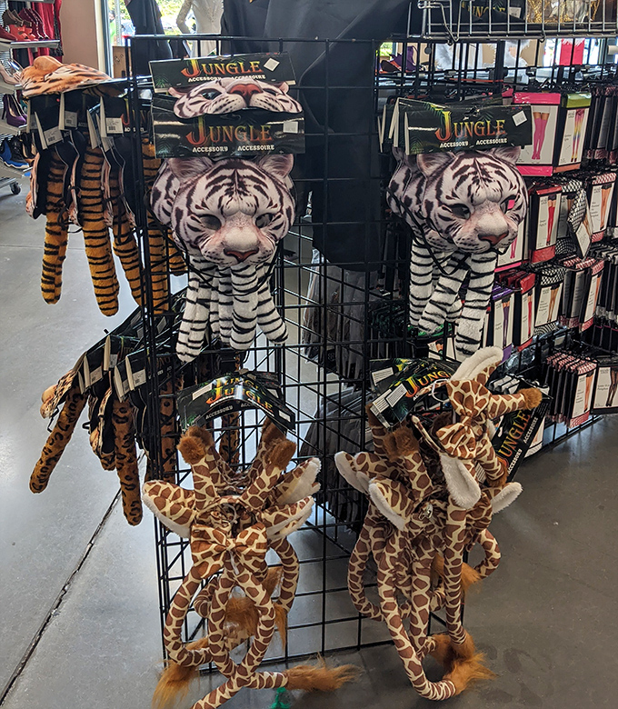 The jungle section: where stuffed tigers and giraffes await adoption into new homes. Safari adventure without the airfare!