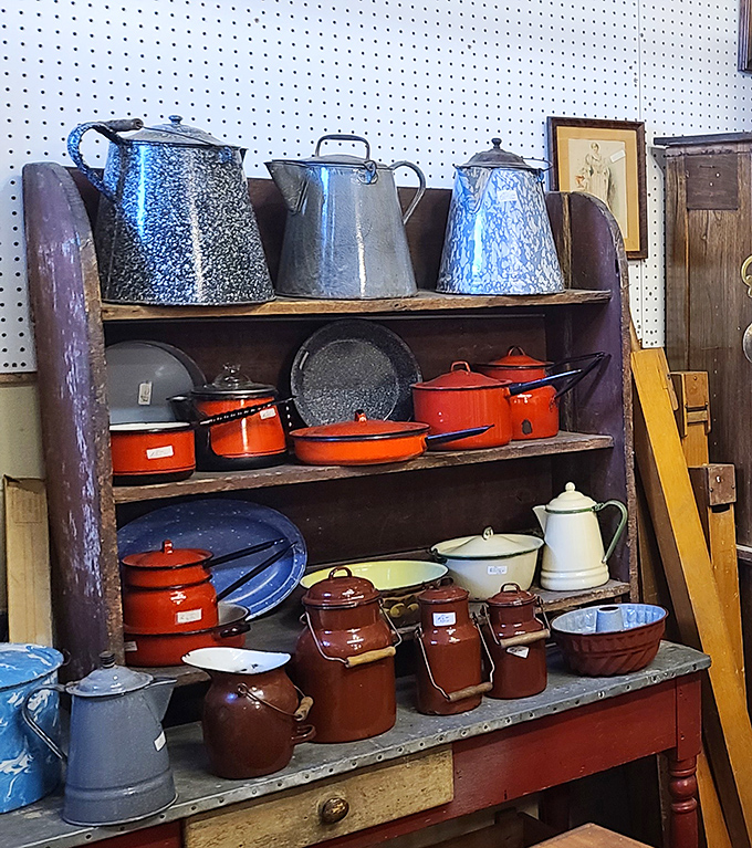 Enamelware in fire-engine red and deep blue tells stories of farmhouse kitchens where meals were cooked with cast iron and determination.