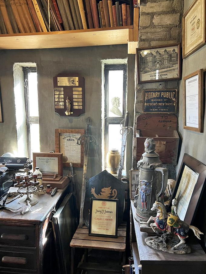 This cozy nook houses artifacts and memorabilia that tell stories of both medieval inspiration and American ingenuity.