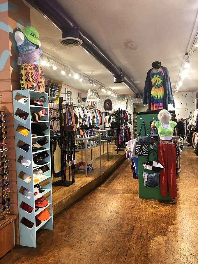 The store's colorful displays create a fashion playground where tie-dye meets geometric patterns in a reunion tour of styles time forgot.