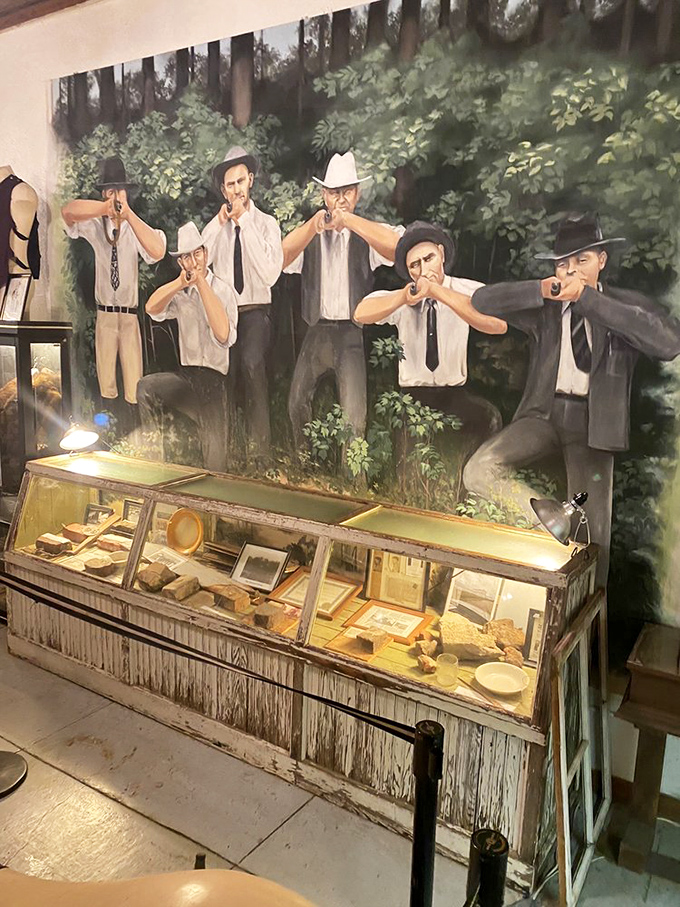 A dramatic mural depicts the lawmen who ended the Barrow Gang's reign. Six officers, 130 bullets, and one infamous ambush that made headlines across America. 