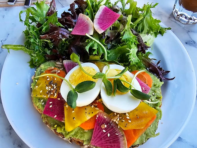 Avocado toast that Instagram influencers dream about. Those colorful radishes and perfectly halved eggs make "basic" look absolutely extraordinary.