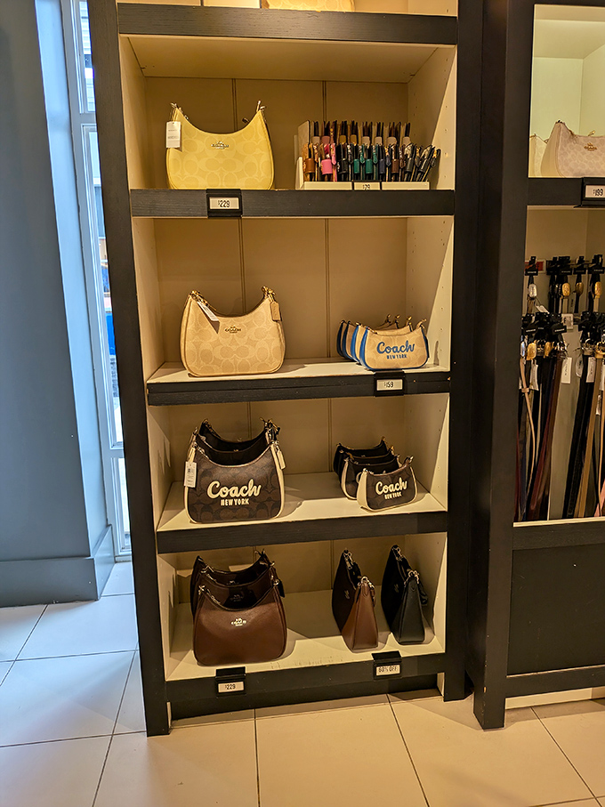Coach bags displayed like museum pieces&mdash;proof that outlet shopping has graduated from "seconds and irregulars" to legitimate luxury at prices that won't require a second mortgage.