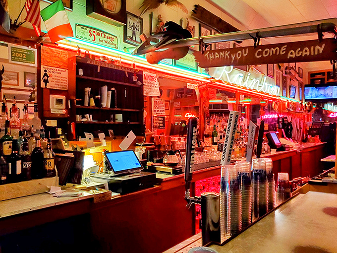 The bar area glows with neon warmth while mounted wildlife keeps watch. It's like drinking in your eccentric uncle's trophy room &ndash; in the best possible way. 