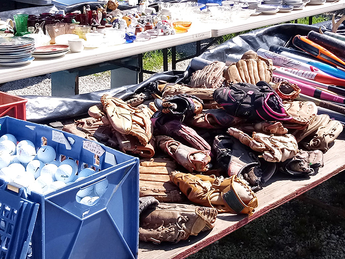 Baseball gloves with character lines deeper than Yogi Berra's wisdom. Each worn leather mitt represents thousands of catches, throws, and summer memories.