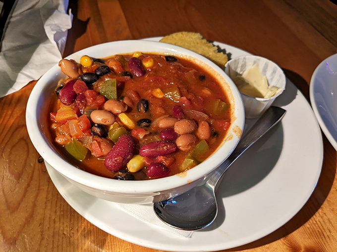 A bowl of vegetarian chili so hearty and complex it makes you wonder if beans have been holding back on us all these years.