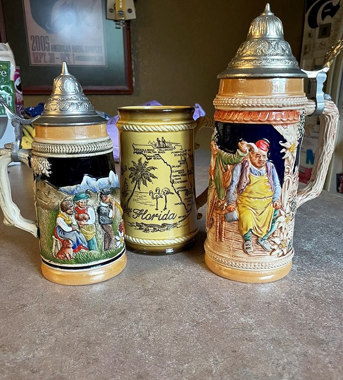 Beer steins that have outlived their original owners. These ceramic storytellers are ready for their second act in someone's collection.