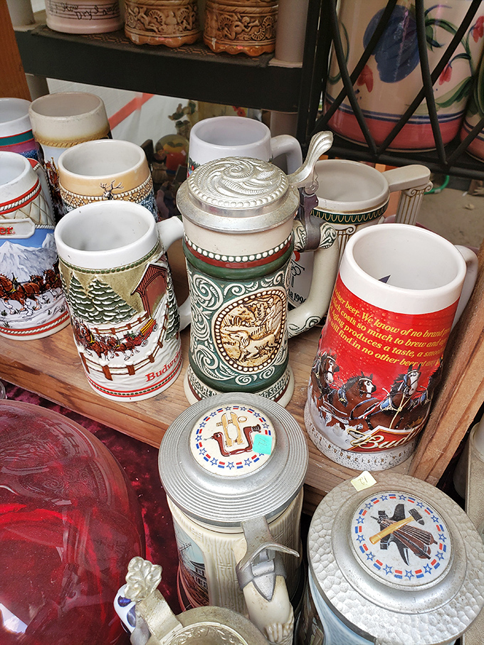 Beer steins with stories to tell—each one a conversation starter. That Budweiser Clydesdale mug has probably seen more parties than Studio 54.