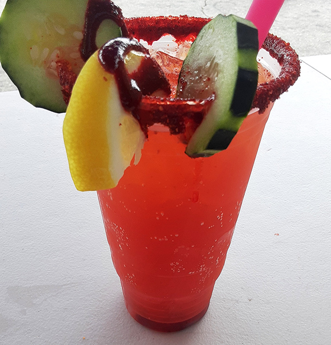 The perfect refreshment break: a tajin-rimmed fruit drink that cools you down while providing the energy to continue your bargain quest.