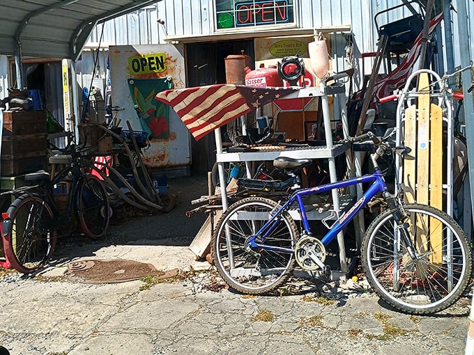 Outside, bicycles wait patiently for new owners, American flags flutter, and yesterday's transportation becomes tomorrow's conversation piece.