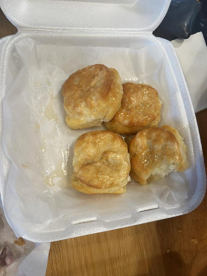 Honey biscuits that would make your grandmother jealous. Four pillowy clouds of buttery heaven waiting to transport you to carb paradise.