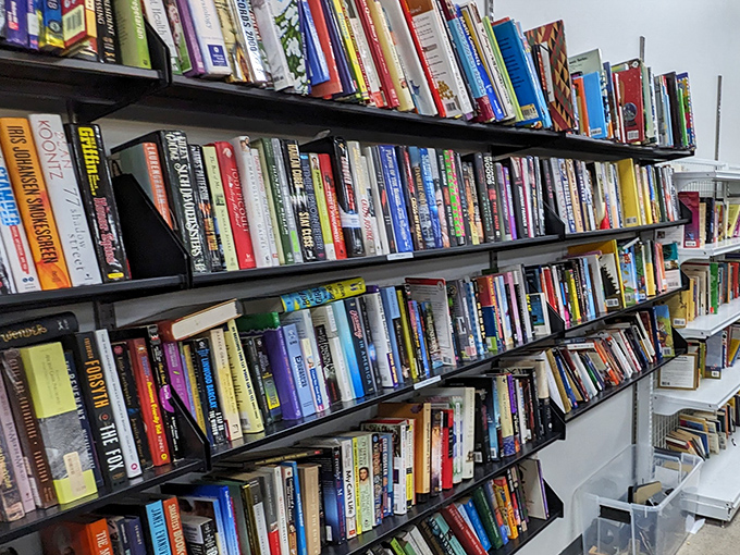 A bibliophile's dream where dog-eared paperbacks mingle with pristine hardcovers. Each spine represents someone's former literary companion, ready for a new relationship.