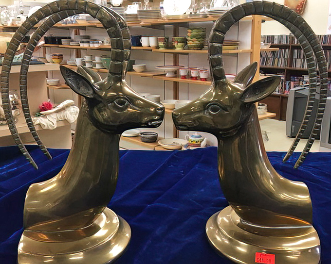 The housewares section offers everything from practical kitchen tools to these magnificent brass antelope bookends that absolutely nobody needs but everyone wants.
