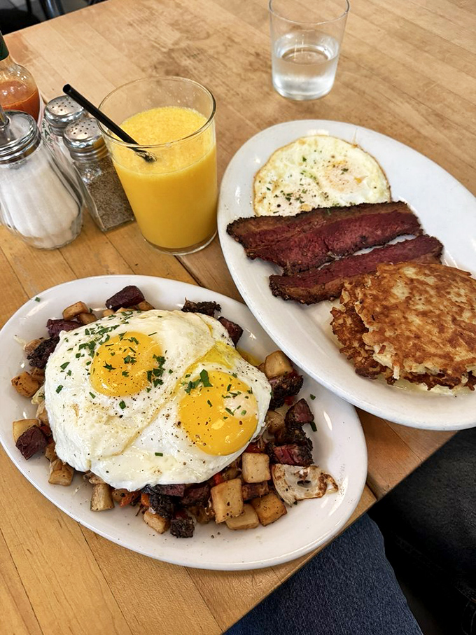A breakfast spread that says "today is going to be extraordinary"&mdash;crispy potatoes, sunny eggs, and house-cured pastrami demand your full attention.