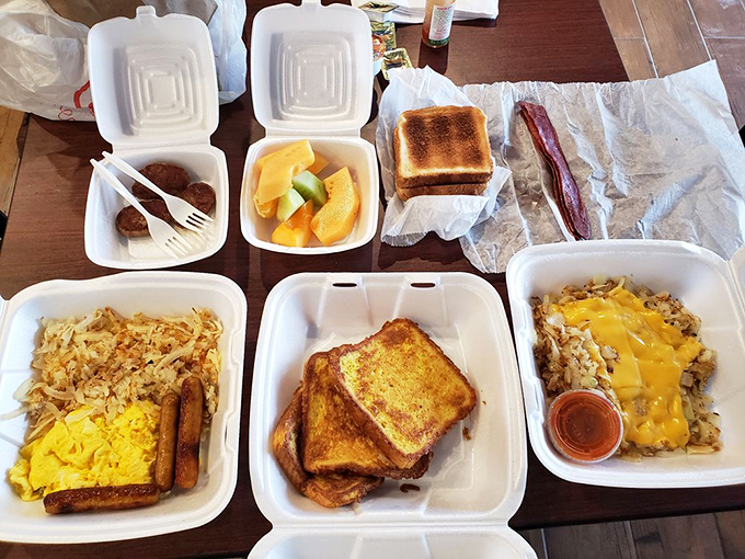 Takeout breakfast that proves good things come in white styrofoam packages, especially when those things include golden French toast.