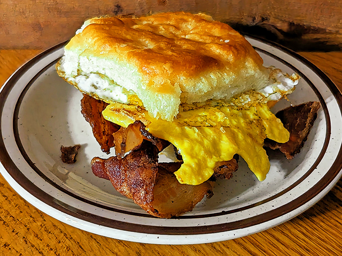 The breakfast sandwich that launched a thousand satisfied sighs &ndash; that biscuit could float away if it weren't anchored by bacon.