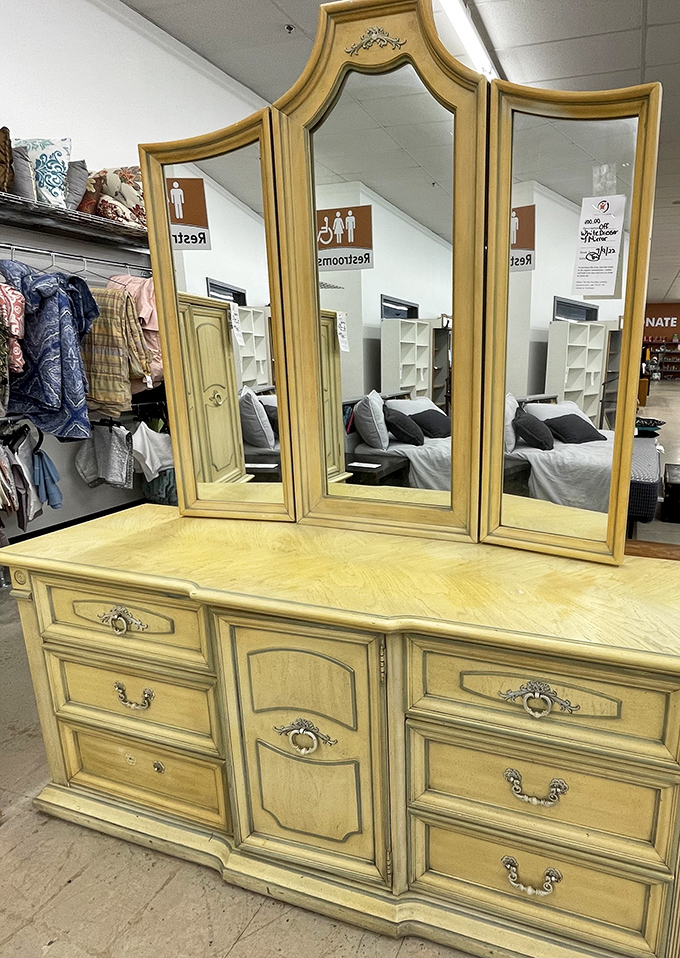 This vintage dresser with tri-fold mirror isn't just furniture&mdash;it's a time machine to when getting ready was an elegant ritual.