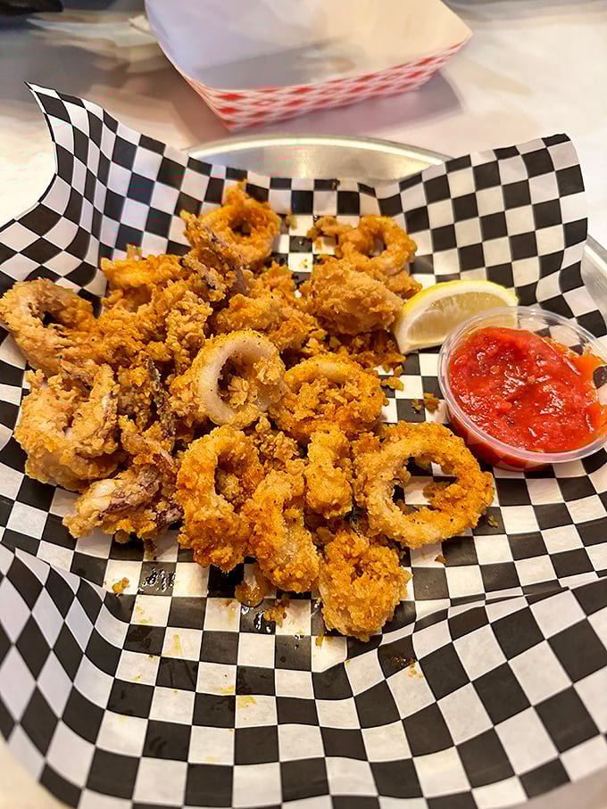 Crispy calamari rings that don't require the chewiness workout many places serve. These tender morsels practically surrender to your bite.