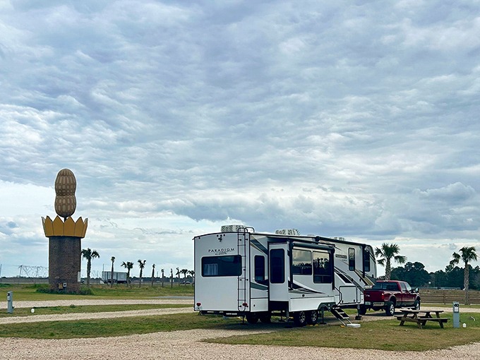 RV travelers have found the ultimate campground companion. Nothing says "I'm on vacation" quite like waking up to a giant peanut outside your window.