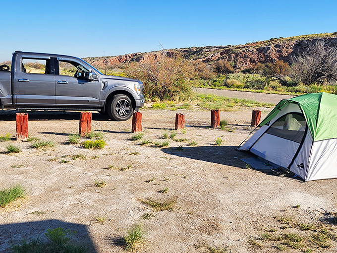 Camping perfection: Where your morning coffee comes with a side of geological wonder and your alarm clock is the desert sunrise.