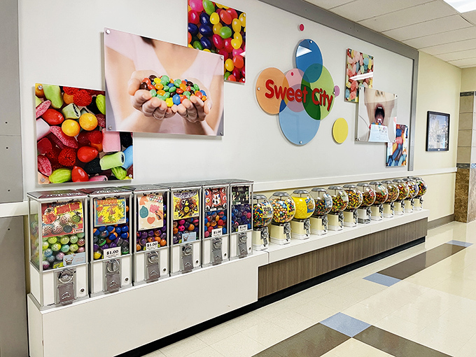 Sweet City's candy dispensers stand ready for sugar emergencies&mdash;because sometimes you need immediate glucose after finding jeans at 70% off.