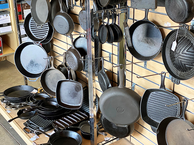 Cast iron cookware that's outlived several presidential administrations hangs in formation&mdash;these pans have stories to tell and pancakes yet to flip.
