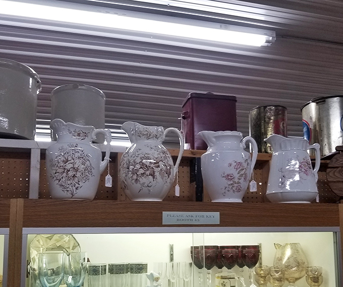 Grandmother's kitchen lineup! These ceramic pitchers once poured Sunday morning orange juice for kids now old enough for Social Security.