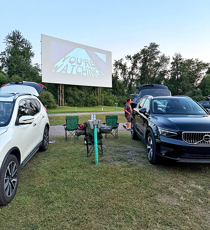 The seasoned drive-in pros bring their A-game: comfy chairs, snack table, and prime positioning for maximum enjoyment.