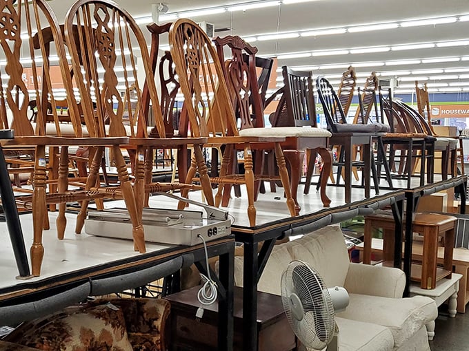 The furniture section: where solid wood chairs with good bones await adoption. These aren't flimsy assemble-it-yourself pieces&mdash;they're furniture with stories to tell.