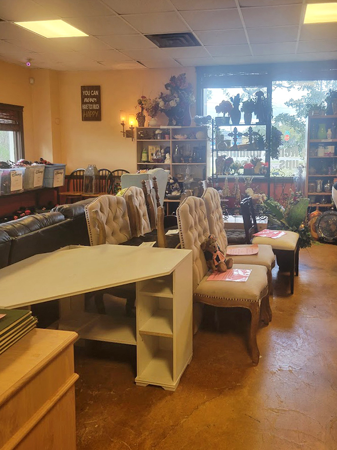 Elegant tufted chairs surrounding a pristine white desk&mdash;the kind of furniture find that makes you text friends: "You won't believe what I just scored!"