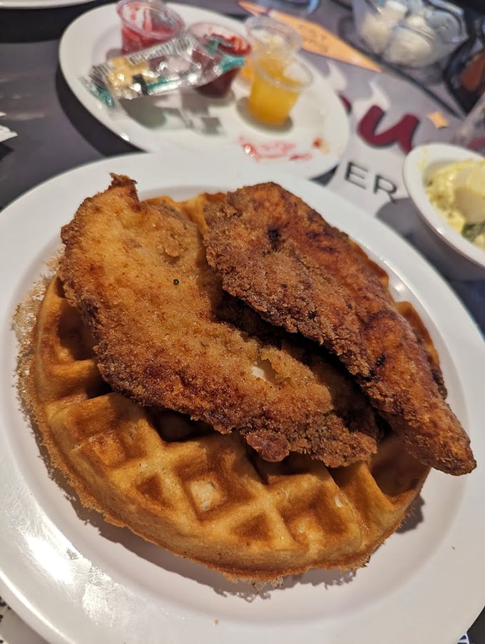 Chicken and waffles: the breakfast-lunch romance that proves opposites attract, especially when crispy meets fluffy with maple syrup as matchmaker.