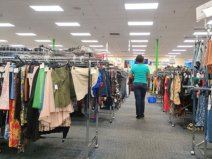 Thrift store rule #1: The best treasures require patience. Each rack contains potential fashion redemption stories waiting to be discovered.
