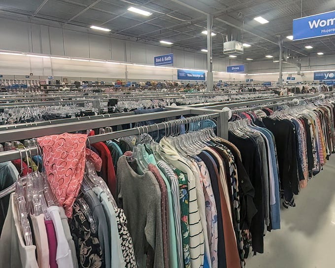 The clothing section stretches toward retail infinity. More wardrobe options than a Hollywood costume department, all without the celebrity price tag.