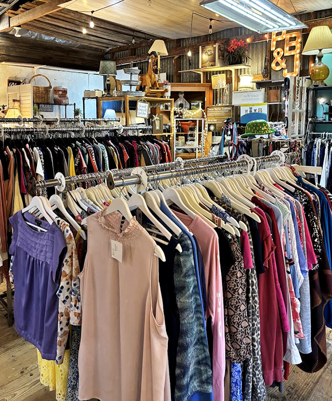 The clothing section: where vintage fashion meets modern bargain hunting, all hanging patiently for their second chance at stylishness.