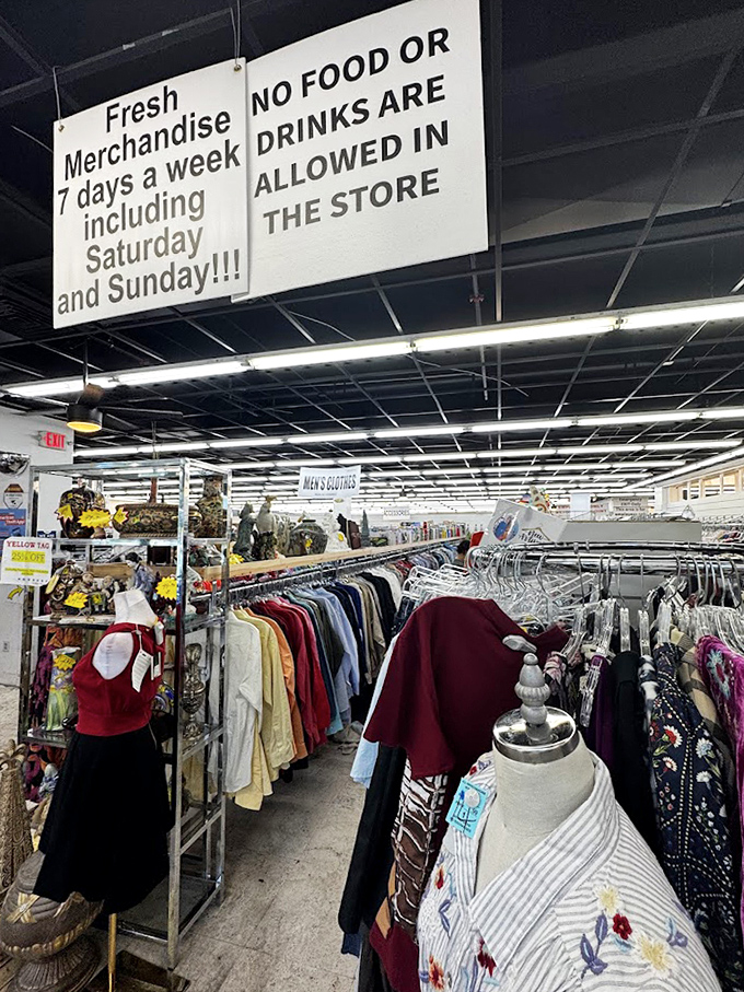 "No food or drinks" warns the sign above racks of clothing. The men's section offers everything from casual tees to "job interview" blazers.